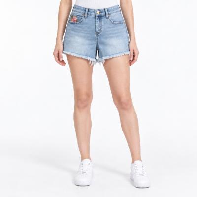 China Mid Rise Frayed Hem Denim Shorts Heavy Embroidery High Rise Relaxed Fit Denim Shorts for sale