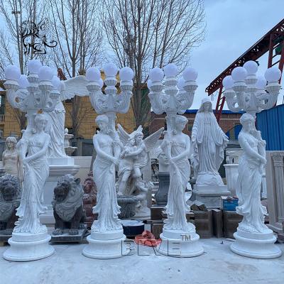 China White Marble Lady Lamp Statue Outdoor Sculpture Women Lamp Life Size Stone Carvings Garden Modern Villa Decor for sale