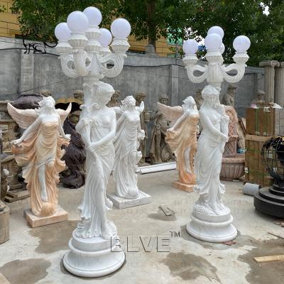 China Marble Woman Sculpture Floor Lamp White Stone Carving Life Size Lady Statue Light Decorative Villa Outdoor Street for sale