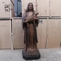 China Bronze Shepherd Jesus Statue Holding Lamb Sculpture Christian Religious Life Size Metal Church Casting for sale