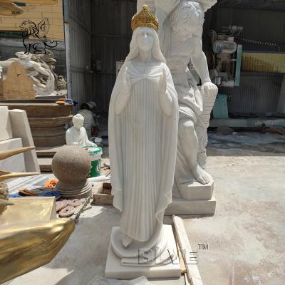 China Marble Virgin Mary Statue Sculpture Golden Crown Catholic Religious Queen Statues White Stone Carving Life Size for sale