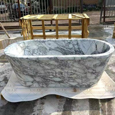 China White Arabescato Marble Bathtub Natural Stone Bathtubs Bathroom Tub Freestanding Hand Carved Morden for sale