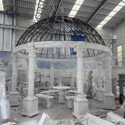 China White Marble Gazebo Round Wedding Pavilion Natural Stone Hand Carved Large Outdoor Villa Western Style for sale