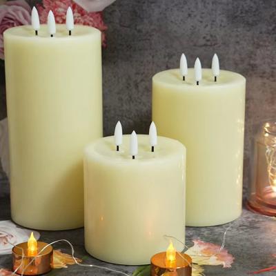 China Three Wick Battery Operated Remote Control Pillar Candle 10cm Diameter Flameless LED Wax for sale