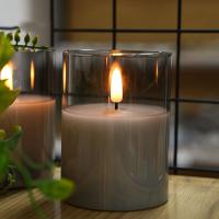 China Customized Flameless LED Candle Paraffin Wax Glass D7.5x10cm 2AA Battery for sale