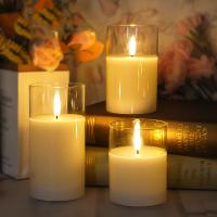 China Set of 5 White Glass LED Pillar Candles with Remote Flickering Warm Light 7.5cm Diameter for sale