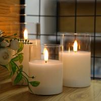 China Battery Powered Flickering Pillar Real Wax Glass LED Candle Light Remote Control Moving Flame 7.5x10cm for sale