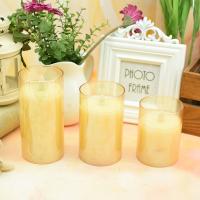 China Battery Powered Flickering Pillar Real Wax Glass LED Candle Light Remote Control Moving Flame 7.5x10cm for sale