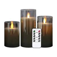 China Battery Powered Flickering Pillar Real Wax Glass LED Candle Light Remote Control Moving Flame 7.5x10cm for sale