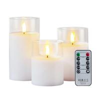 China Battery Powered Flickering Pillar Real Wax Glass LED Candle Light Remote Control Moving Flame 7.5x10cm for sale