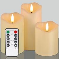 China Ivory White Real Wax LED Pillar Candles Set of 3 Battery Operated Flameless Flickering with Remote D3xH4 5 6 Inches for sale