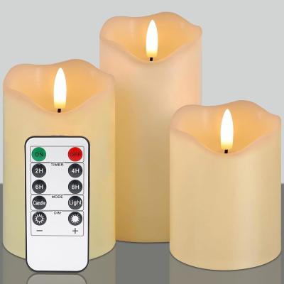 China Ivory White Real Wax LED Pillar Candles Set of 3 Battery Operated Flameless Flickering with Remote D3xH4 5 6 Inches for sale