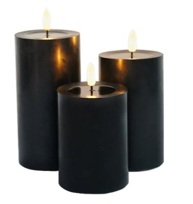 China 3D Real Flame Pillar Paraffin Wax Remote Control Black LED Candles 2 AA Battery for sale