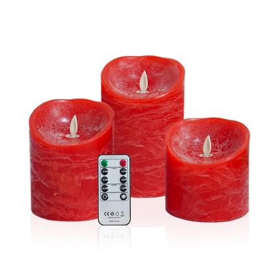 China Set of 3 Flameless LED Flickering Battery Candles Moving Flame Pillar Real Wax 4 5 6 Inch Bright Red for sale