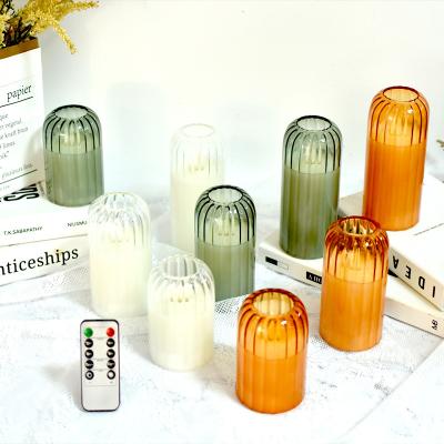 China Sage Green Flameless Candles Set 3-Pack Remote Timer 350 Hours Warm LED Glass Battery Operated for sale