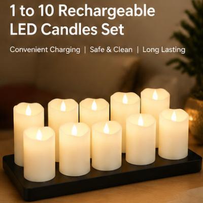 China 1 to 10 USB Rechargeable Ivory White Real Wax LED Pillar Candle with Flickering LED and Remote Control for sale