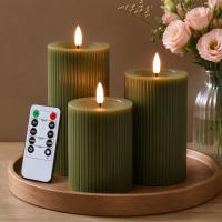 China Olive Green Rechargeable Ribbed Fluted Real Wax LED Flameless Candles With Remote And Timer for sale