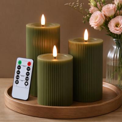 China Olive Green Rechargeable Ribbed Fluted Real Wax LED Flameless Candles With Remote And Timer for sale