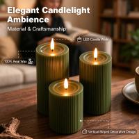 China Olive Green Rechargeable Ribbed Fluted Real Wax LED Flameless Candles With Remote And Timer for sale