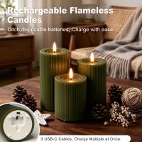 China Olive Green Rechargeable Ribbed Fluted Real Wax LED Flameless Candles With Remote And Timer for sale