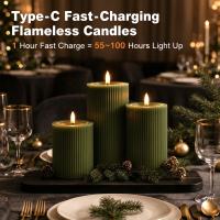 China Olive Green Rechargeable Ribbed Fluted Real Wax LED Flameless Candles With Remote And Timer for sale