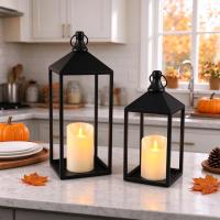 China Black Decorative Metal Lanterns Farmhouse Lantern Decor with Candles for sale