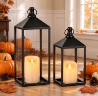 China Black Decorative Metal Lanterns Farmhouse Lantern Decor with Candles for sale