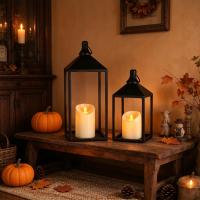 China Black Decorative Metal Lanterns Farmhouse Lantern Decor with Candles for sale
