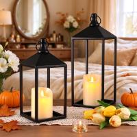 China Black Decorative Metal Lanterns Farmhouse Lantern Decor with Candles for sale