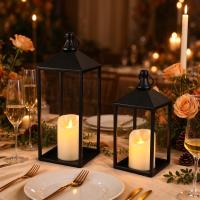 China Black Decorative Metal Lanterns Farmhouse Lantern Decor with Candles for sale