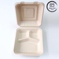 China Blister Eco Compostable Clamshell 3 Compartment Disposable Lunch Box Sugarcane Bagasse for sale