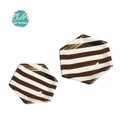 China 9 inch White Gold Metallic Striped Disposable Paper Plates 300GSM for sale