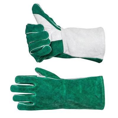 China Green White Leather Welding Gloves Cut 5 Resistant 16 x 7.5 Inch Impact Protection for sale