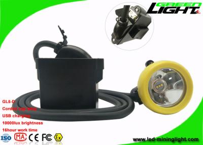 China Corded LED Mining Cap Lights 10000 Lux USB Charging Back Up Lamp 18 Hours Work Time for sale
