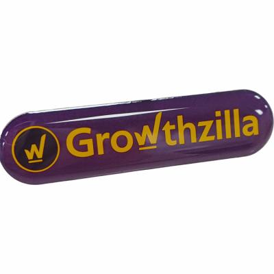 China Customized Purple Printed Epoxy Resin Metal Sign With Transparent Dome-shaped Aluminum Label for sale