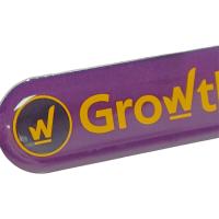 China Customized Purple Printed Epoxy Resin Metal Sign With Transparent Dome-shaped Aluminum Label for sale