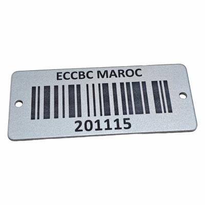 China Custom Metal Asset Tag Laser Engraving Black Text Label With Holes 3M Adhesive for sale