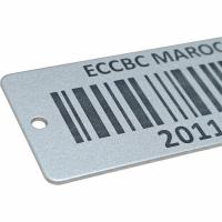 China Custom Metal Asset Tag Laser Engraving Black Text Label With Holes 3M Adhesive for sale