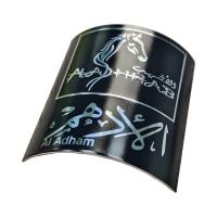 China Custom Curved Perfume Label, Black Base With Mirror-Finish Logo for sale