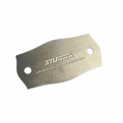 China Custom Irregular Shape Metal Nameplate Brushed Stainless Steel Nameplate Etched Debossed Letter Sign With Two Holes for sale