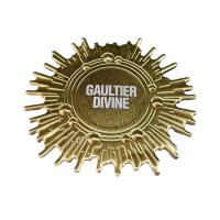 China Gold Sun Burst Pattern Stamped Aluminum Perfume Label With Adhesive Backing for sale