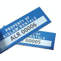 China Custom Blue Background Aluminum Metal Number & Barcode Labels for sale