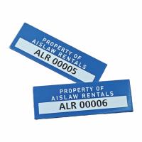 China Custom Blue Background Aluminum Metal Number & Barcode Labels for sale