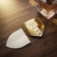 China Custom Shield‑Shaped Painted‑Fill Gold Aluminum Perfume Nameplate for sale