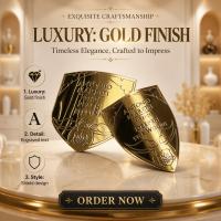 China Custom Shield‑Shaped Painted‑Fill Gold Aluminum Perfume Nameplate for sale
