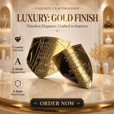 China Custom Shield‑Shaped Painted‑Fill Gold Aluminum Perfume Nameplate for sale