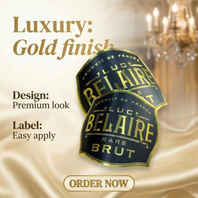 China Luxury Custom Black Background Gold Font Embossed Aluminum Wine Label With Pressure Arc for sale