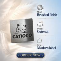 China Custom Cat Brushed Background Stainless Steel Metal Nameplate With Adhesive for sale