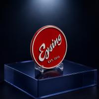 China Custom Zinc Alloy Embossed White Nameplate Circle Red Background Label with Adhesive for sale