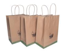China Brown Paper Takeout Bag with Fast Food Icons and Green Trim for sale